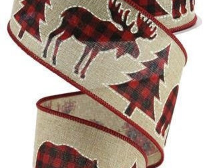 Buffalo Check Ribbon, Plaid Moose Bear Tree Wired Ribbon, Christmas ...
