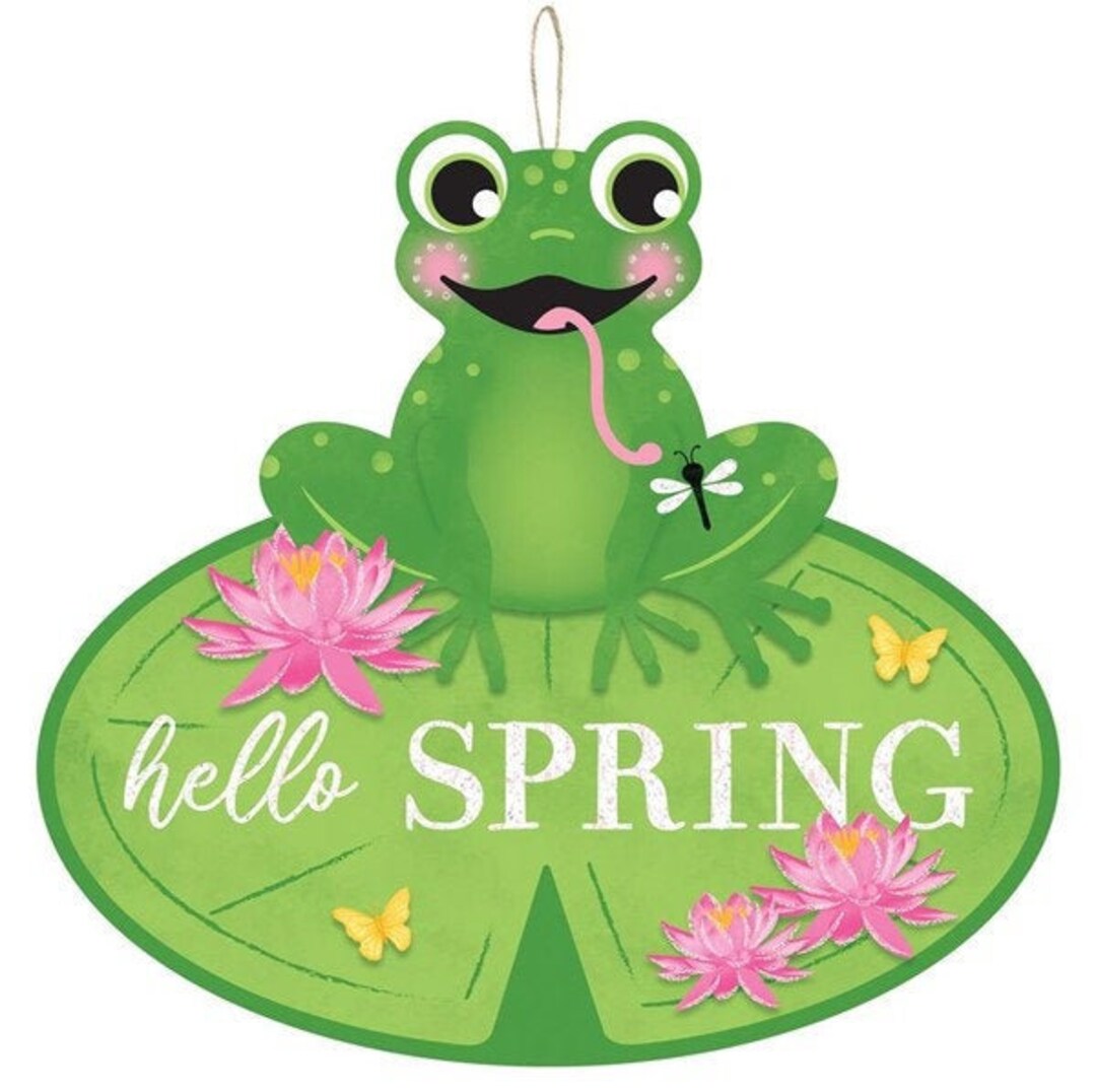 Hello Spring Green Pink White Frog Sign, Springtime Sign, Frog Sign ...