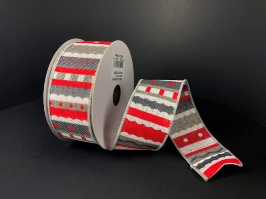 Gray Red Whimsy Stripe Dot Wired Ribbon, 1.5" Red Grey Christmas Ribbon ...