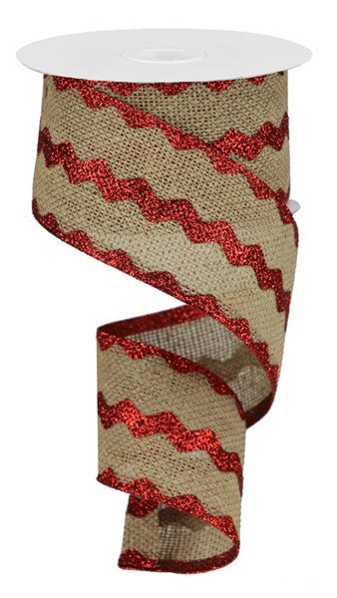 Natural and Red Glitter Ric Rac Wired Ribbon, Glitter Ribbon, Farmhouse ...