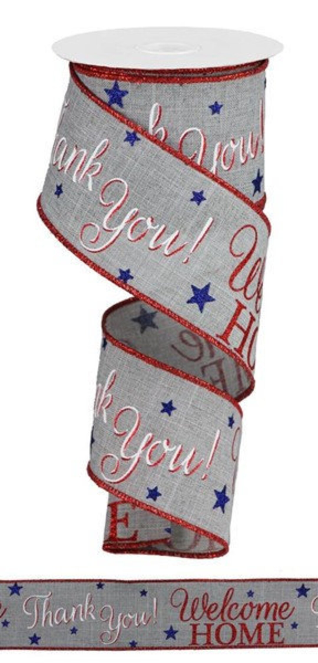 Patriotic Welcome Home Wired Ribbon, 2.5" Grey Red Blue White Support ...