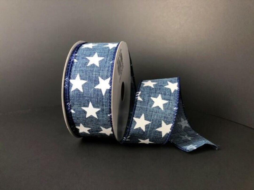Denim Blue White Stars Wired Ribbon 1.5 White Stars - Etsy
