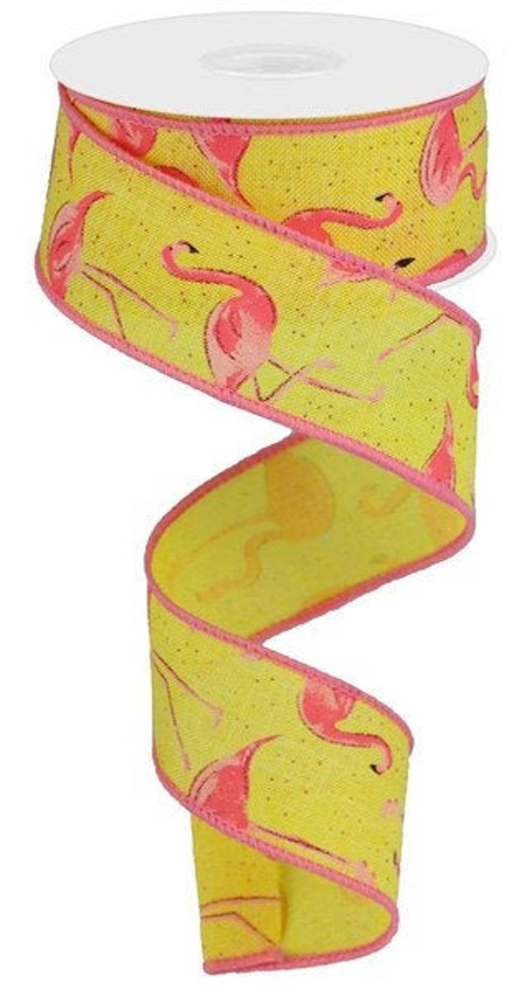 Flamingo Glitter Ribbon, 1.5 Yellow Pink Flamingo Ribbon, Wired Ribbon ...