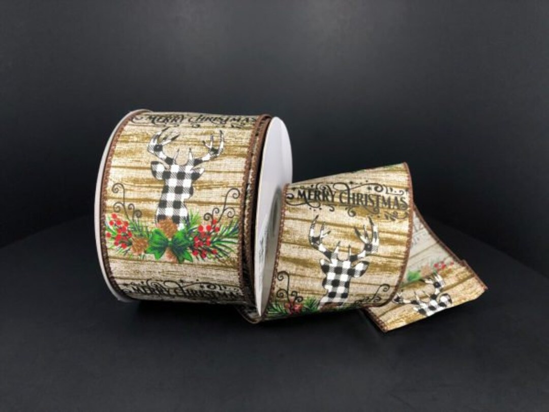 Buffalo Check Deer Head Ribbon, 2.5" Deer Head Ribbon, Merry Christmas ...