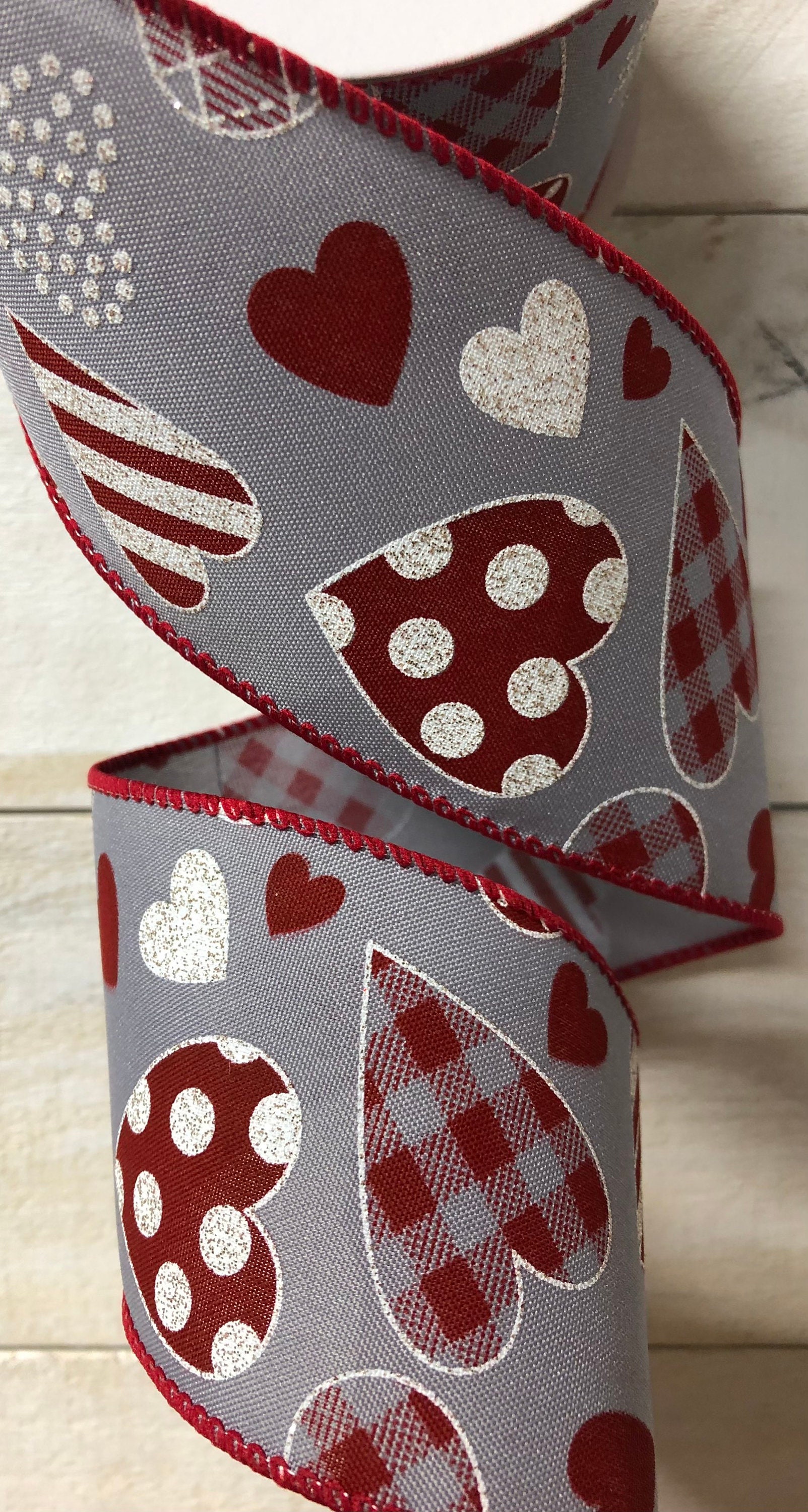 Grey Red Heart Valentine's Day Wired Ribbon Grey Red Dot - Etsy