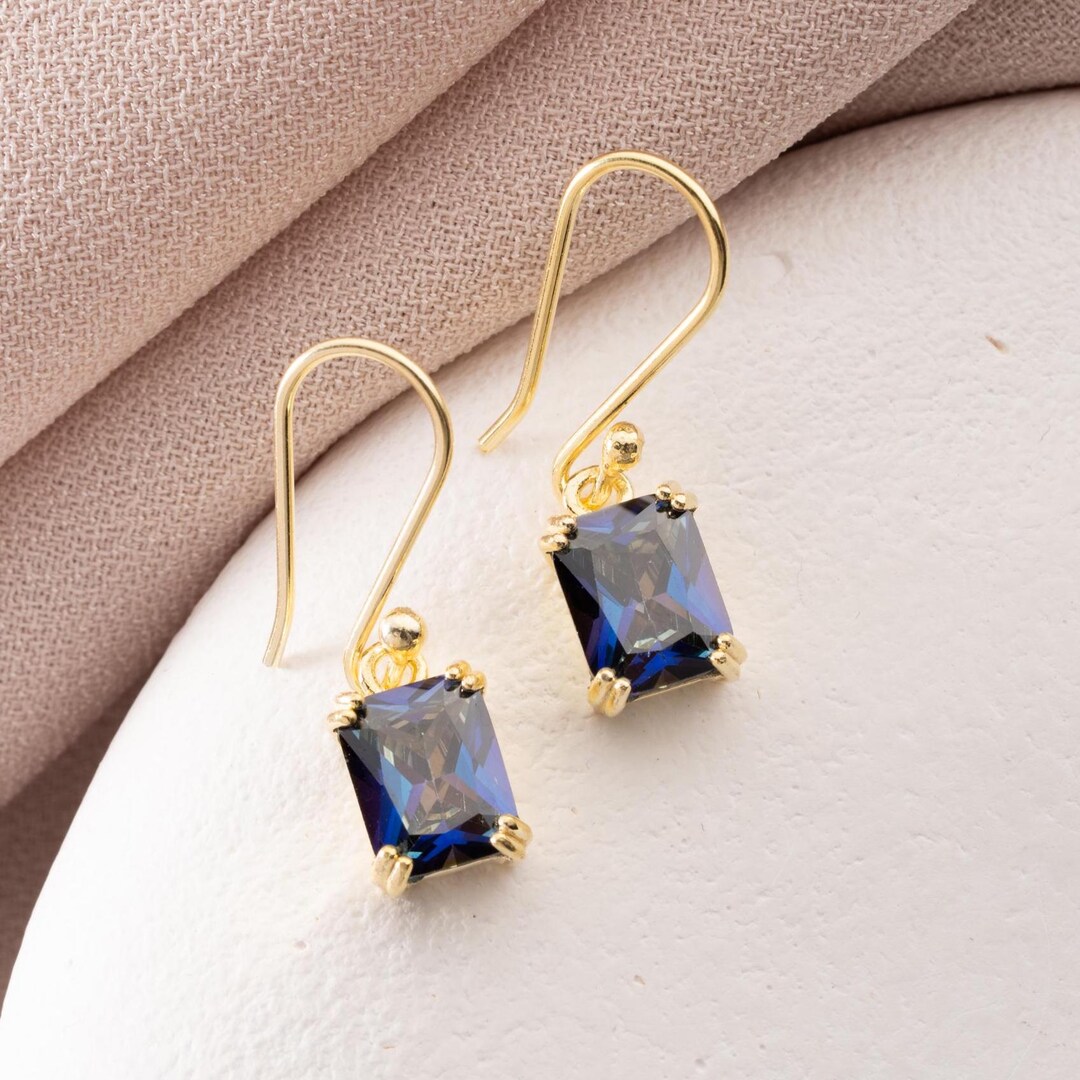 Tanzanite Drop Earrings | Emerald Cut Blue Tanzanite Earrings in 14K ...