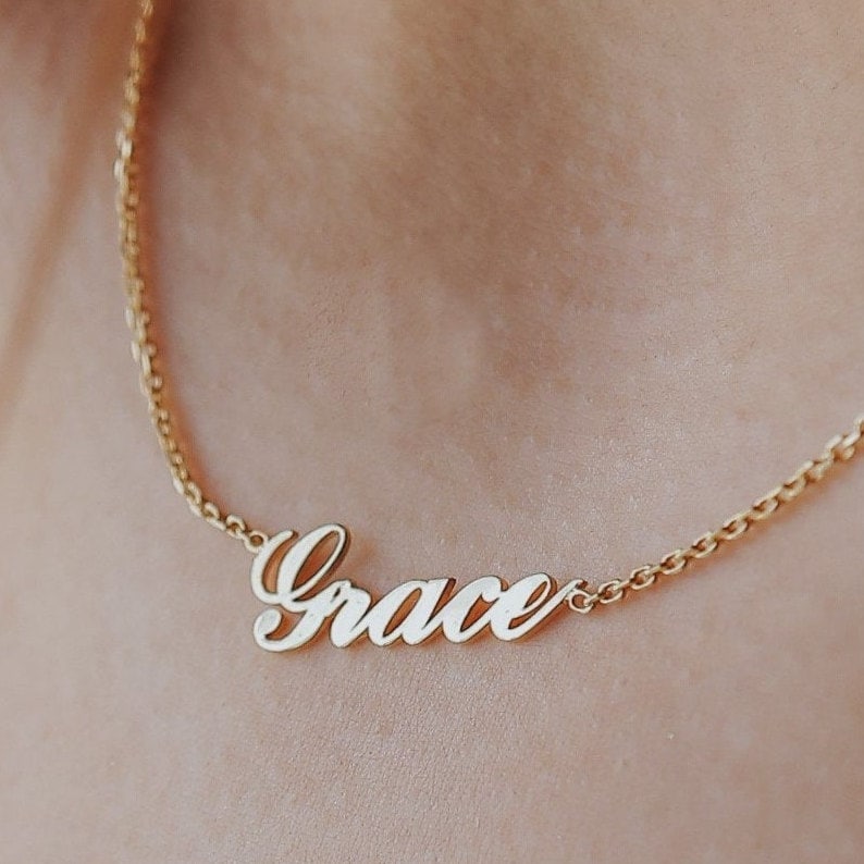14k Solid Gold Name Necklace Mini Name Necklace Vaccinated - Etsy