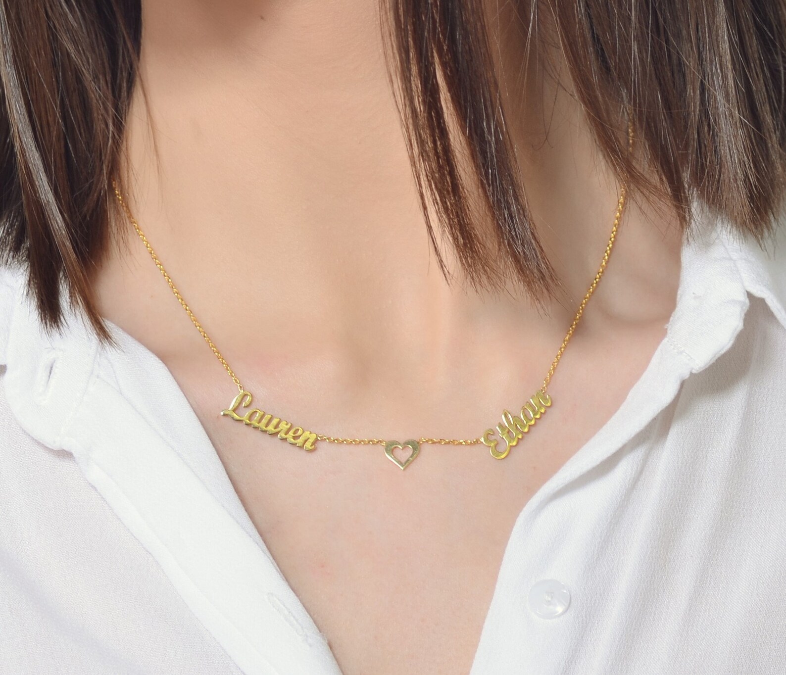 Two Name Necklace With Heart Double Name Necklace | Etsy