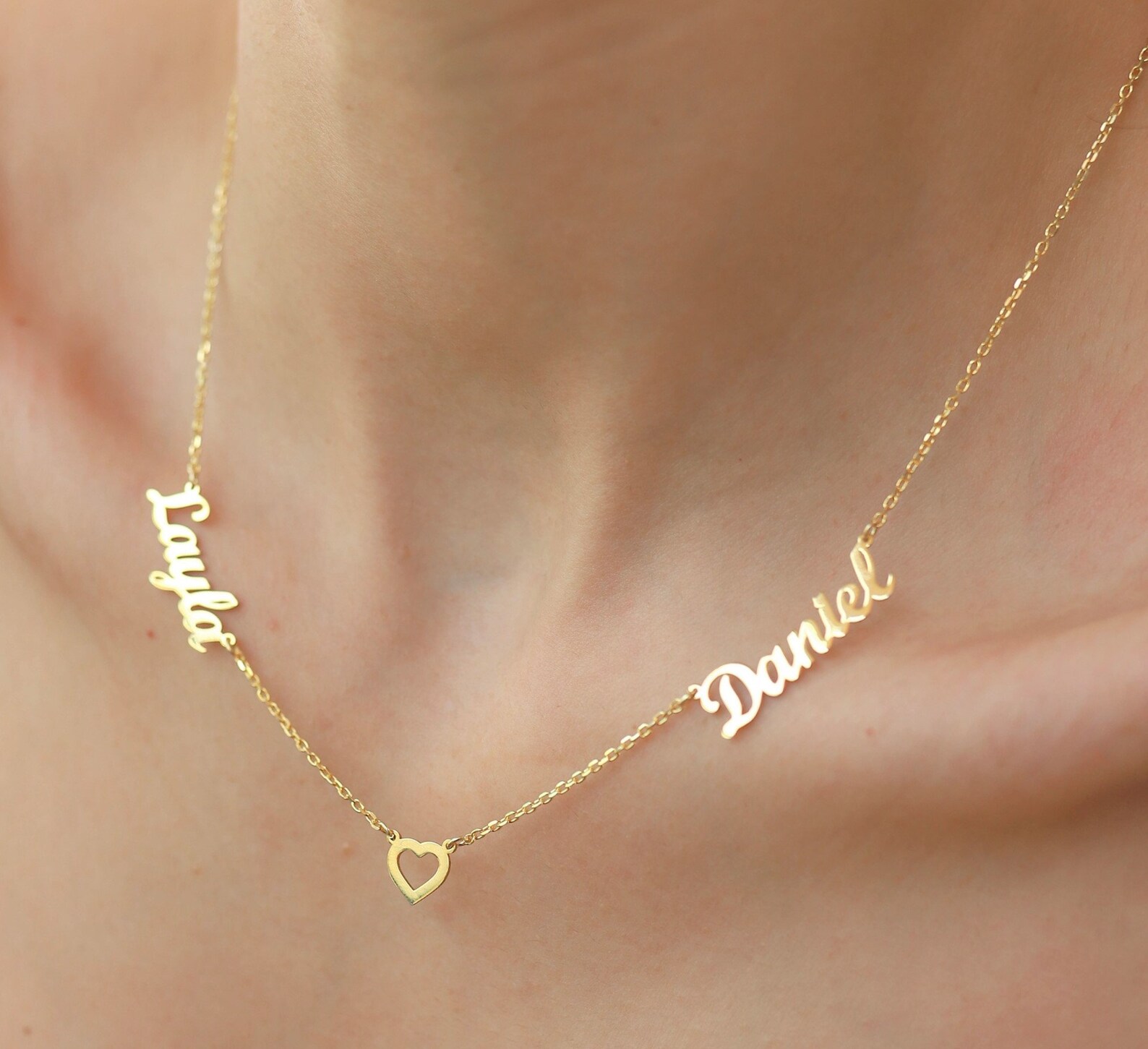 Two Name Necklace With Heart Double Name Necklace | Etsy