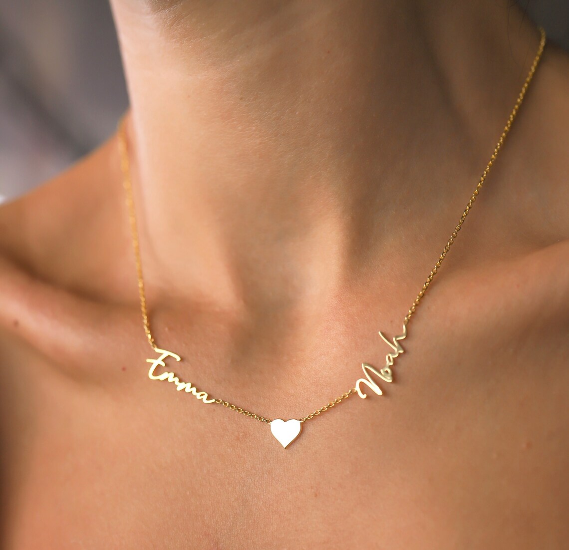 Two Name Necklace With Heart Gold Name Necklace 2 Names - Etsy