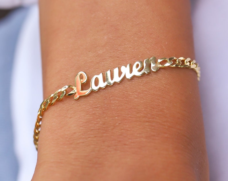 14k Solid Gold Name Bracelet Custom Gold Name Bracelet Curb Etsy