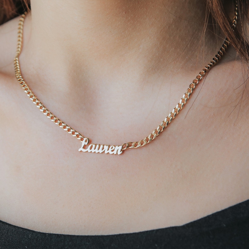 14K Curb Chain Name Necklace Bold Curb Chain Name Necklace - Etsy