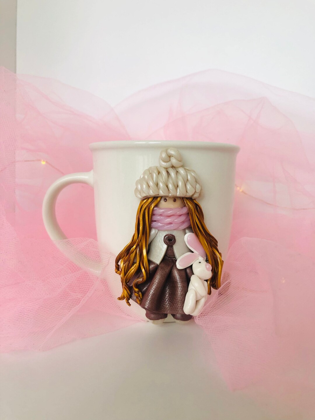 Polymer Clay Mug With Doll, 3d Girly Mug, Large Mug Handmade With Tilda ...