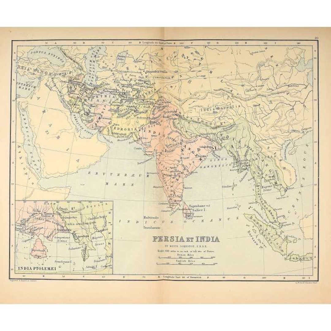 ANTIQUE MAP PERSIA AND INDIA HIGH LEVEL OF DETAIL VINTAGE RETRO ...