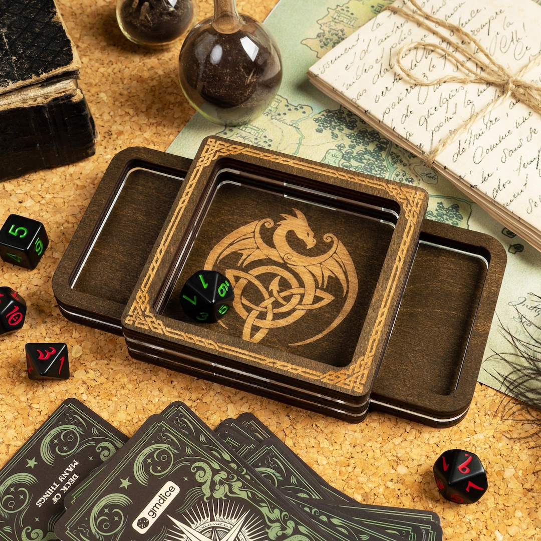 Custom Dice Tray Dnd Coaster Wood, Wooden RPG Dice Tray, Celtic Dragon ...