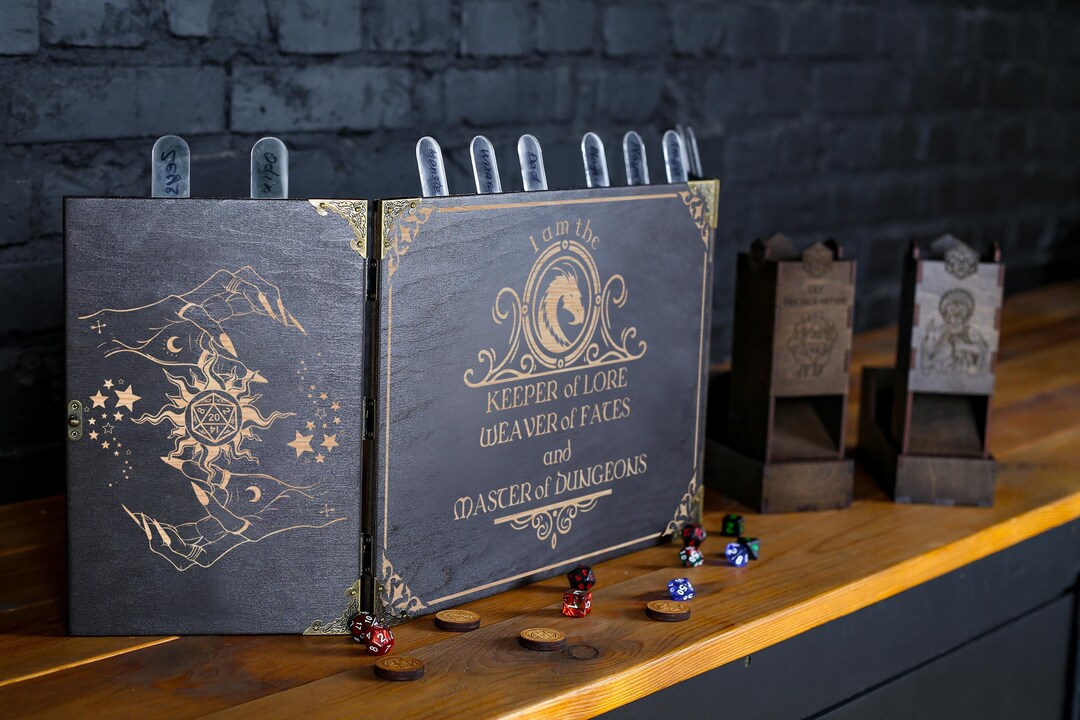 Engraved Wooden DM Screen With Dice Towers, Magnetic Initiative Tracker ...