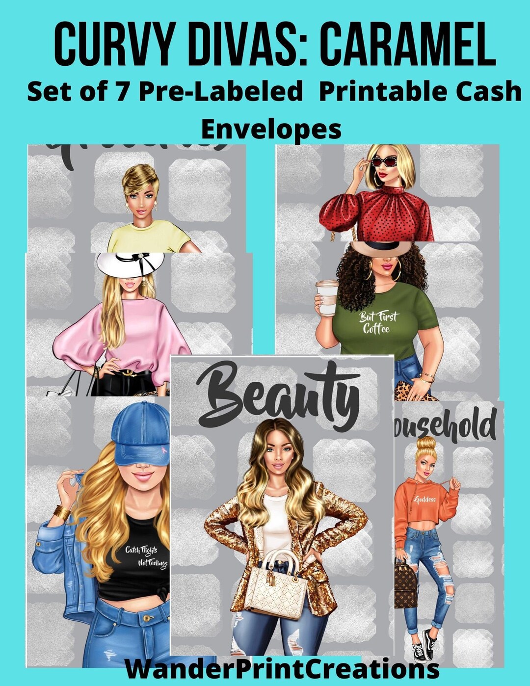 CURVY GIRL: CARAMEL Pre- Labeled Cash Envelopes Set of 7 - Printable ...