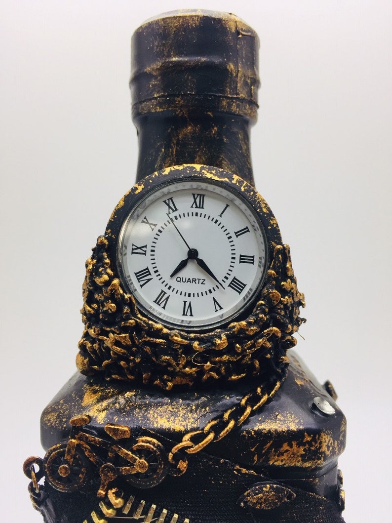 Art Bottle Clock Tower, Hand Decorated Whiskey Glass Bottle, Man Cave ...