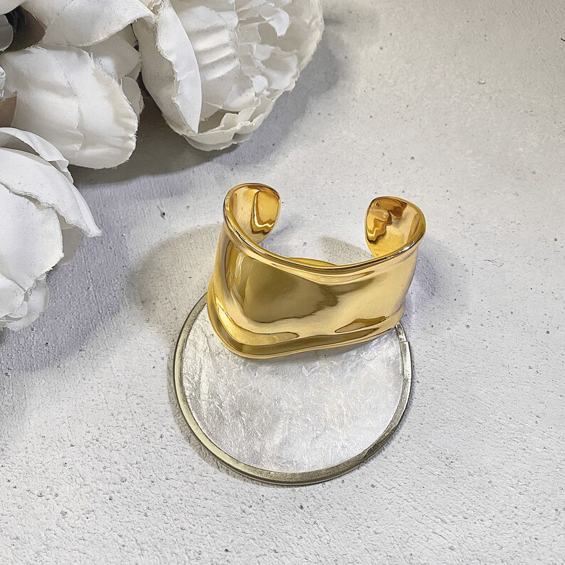 Asymmetric Gold Tone Cuff Bracelet, Shiny Gold Wide Cuff Bangle, Chunky Gold Bangle, Irregular ...