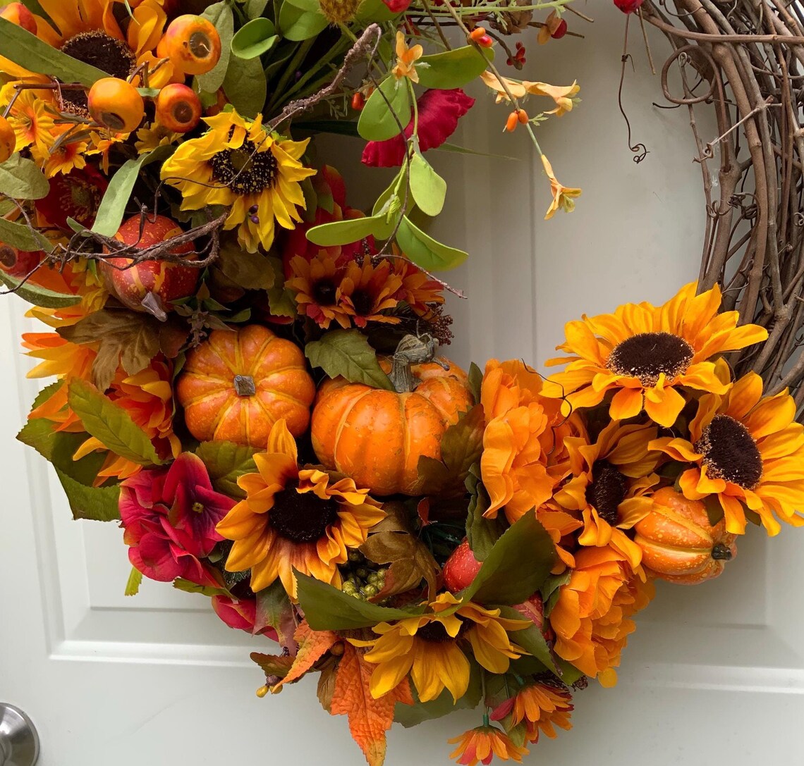 Fall Floral Gourd Grapevine Wreath, Autumn Floral Gourd Grapevine ...