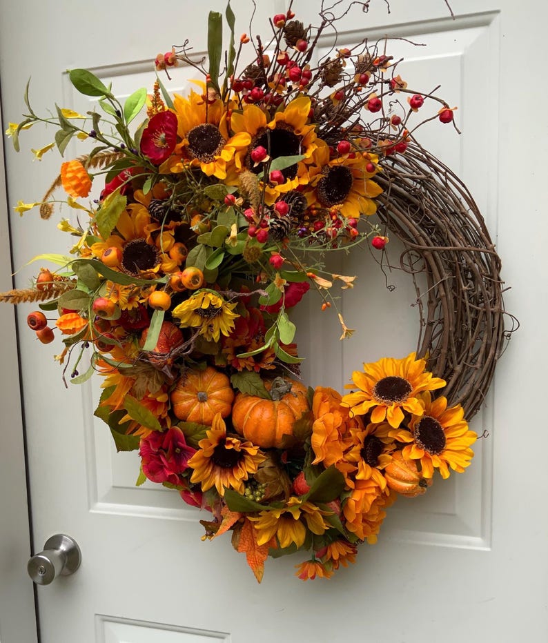 Fall Floral Gourd Grapevine Wreath, Autumn Floral Gourd Grapevine ...