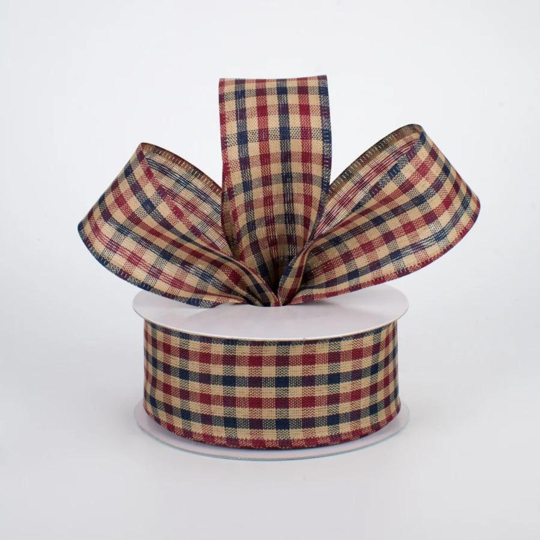 Wired 1.5 Primitive Gingham Check Ribbon: Navy, Burgundy, Tan With ...