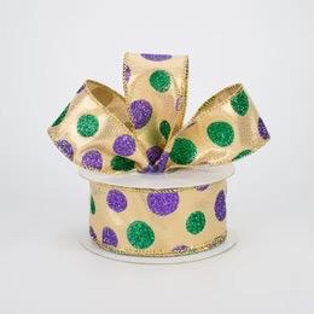 Mardi Gras Multi Glitter Dot 1.5” Ribbon, Purple and Emerald Multi ...