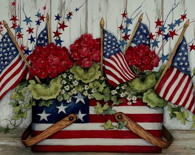 American Flag Geranium Patriotic Basket 6” X 10” Sign; Fourth of July ...