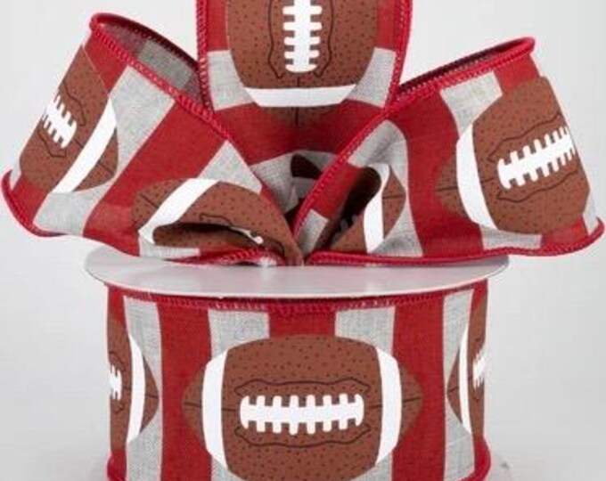 Light Grey and Crimson Footballs on Stripe 2.5” Wired Ribbon 10yd and ...