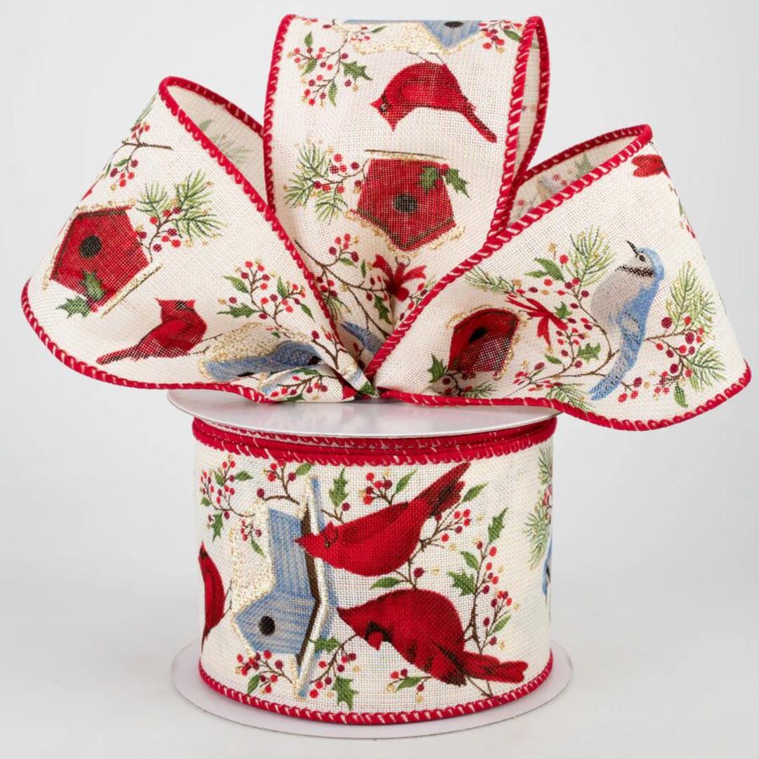 Wired 2.5 Cardinal & Blue Birds Holiday Ribbon With Red Stitching on ...