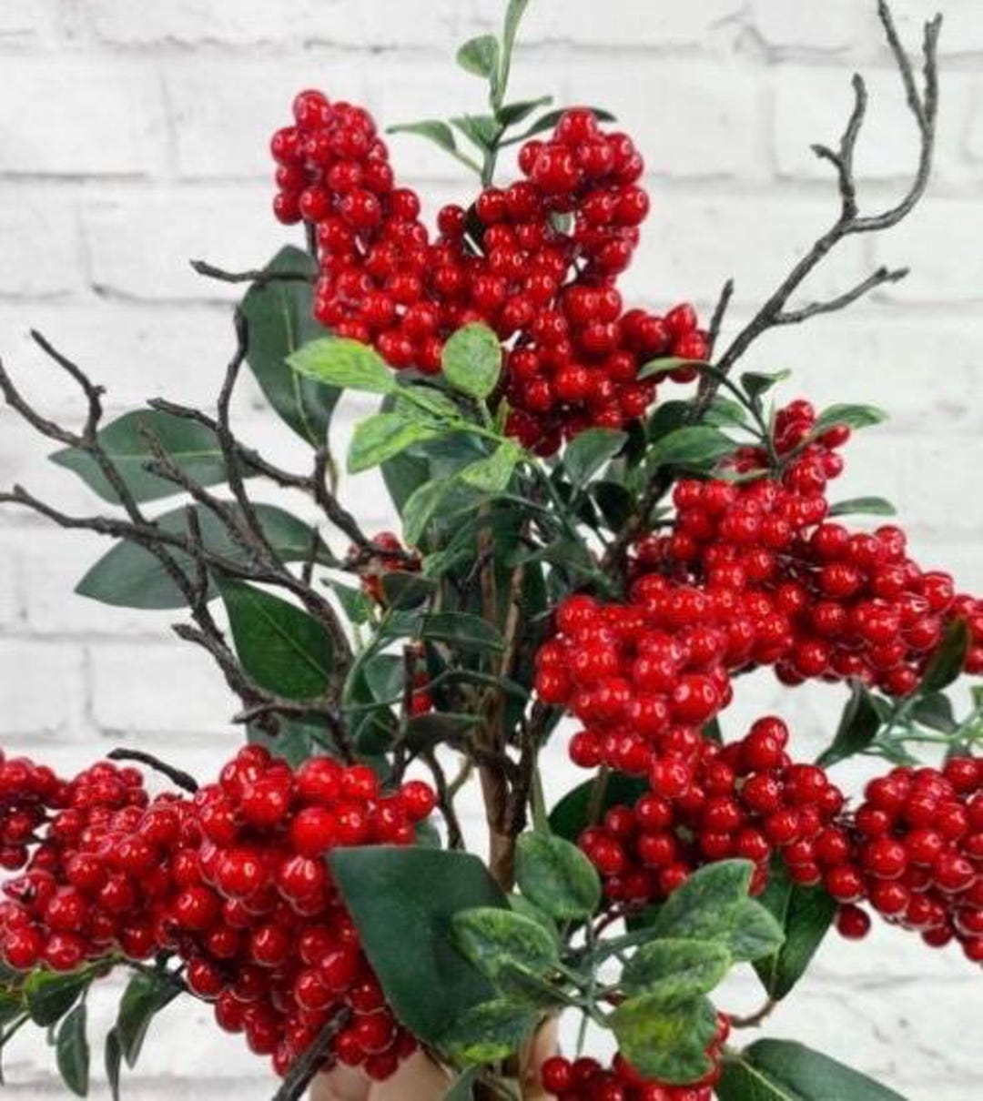 16” Small Red Berry With Leaves and Twigs Bush, Christmas True Red ...