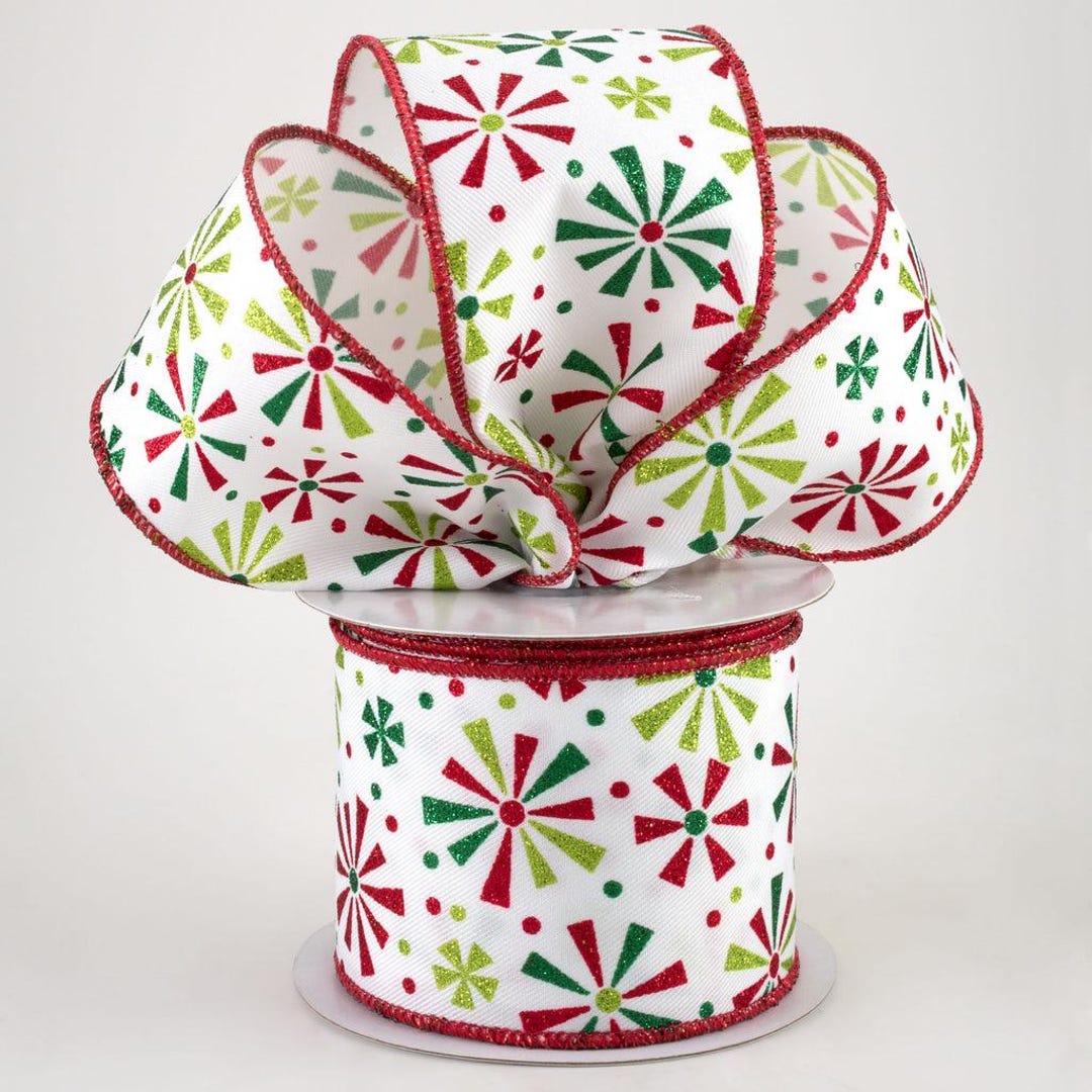 2.5 Glitter Vintage Pinwheels Ribbon: Emerald Red Lime White, Christmas ...