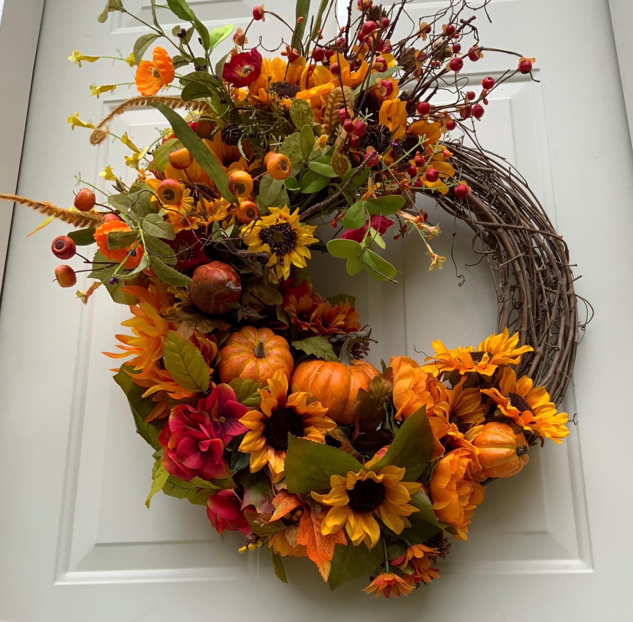 Fall Floral Gourd Grapevine Wreath, Autumn Floral Gourd Grapevine ...