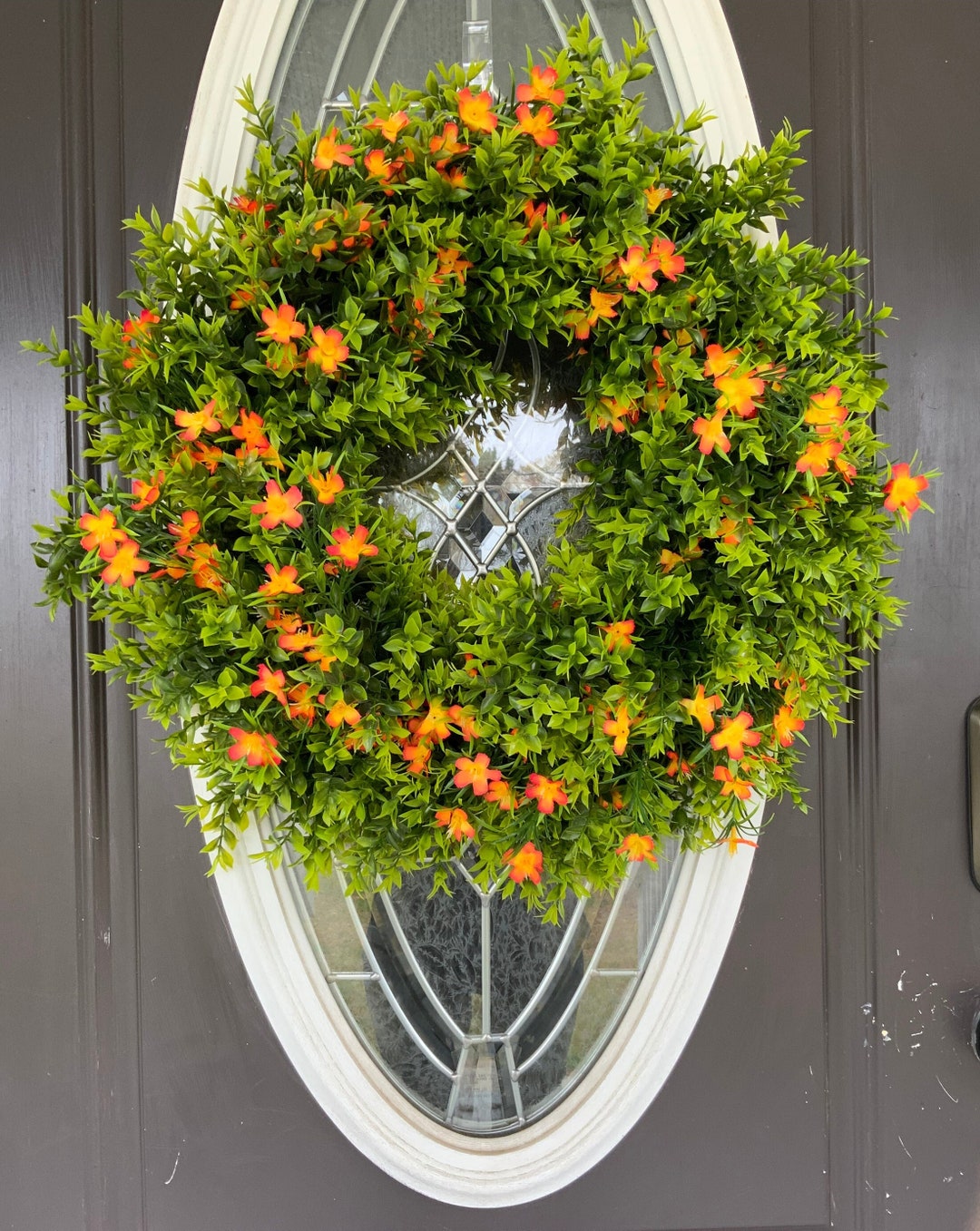 Ruscus Wreath With Orange/yellow/pink Filler Flowers, Spring Ruscus ...