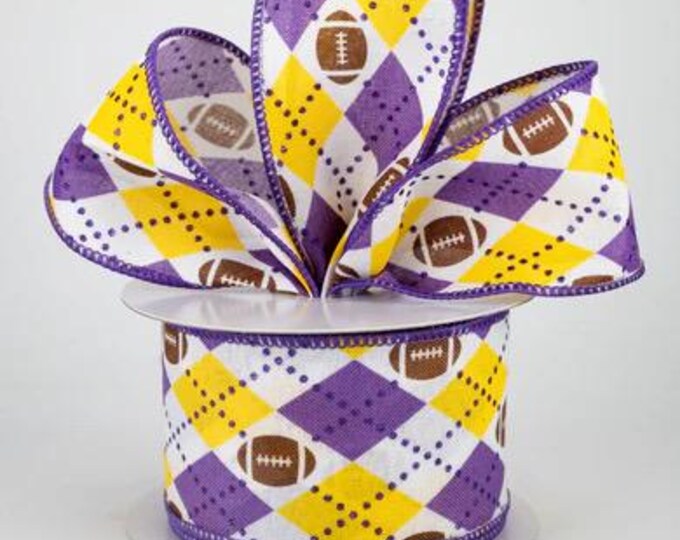 Yellow & Purple 2.5” Argyle Footballs Ribbon 10yd; Gameday Ribbon; LSU ...