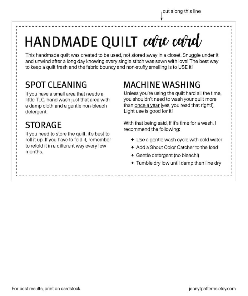 Handmade Quilt Care Card / Printable Quilt Wash Guide / Quilt Label ...