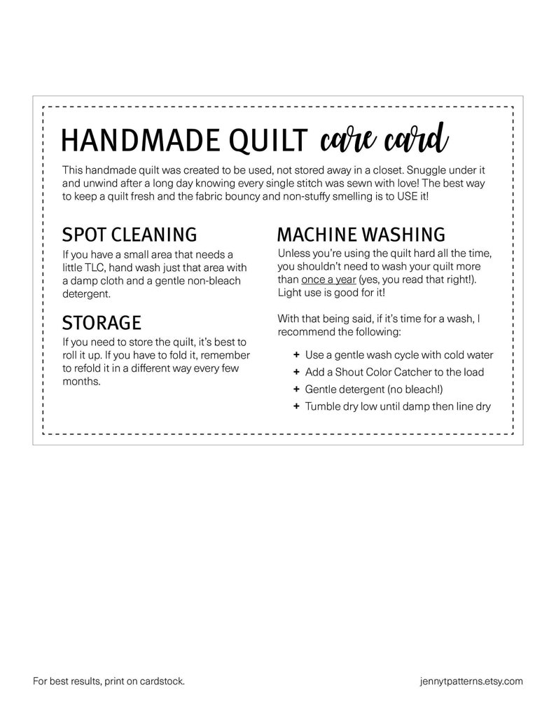Handmade Quilt Care Card / Printable Quilt Wash Guide / Quilt Label ...
