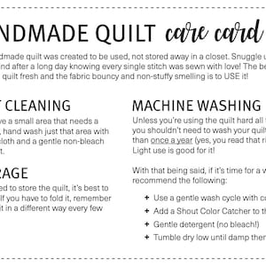 Handmade Quilt Care Card / Printable Quilt Wash Guide / Quilt Label ...