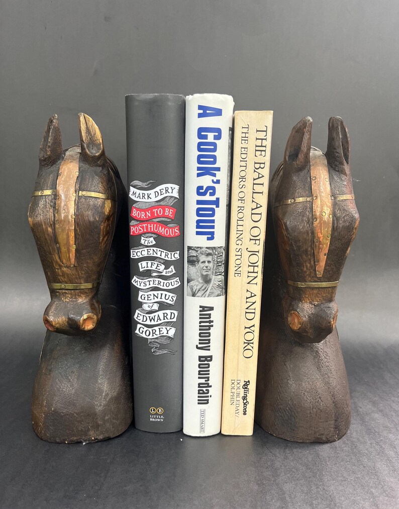 Carved Wood Equestrian Horse Heads With Brass and Copper Inlay Bookends ...