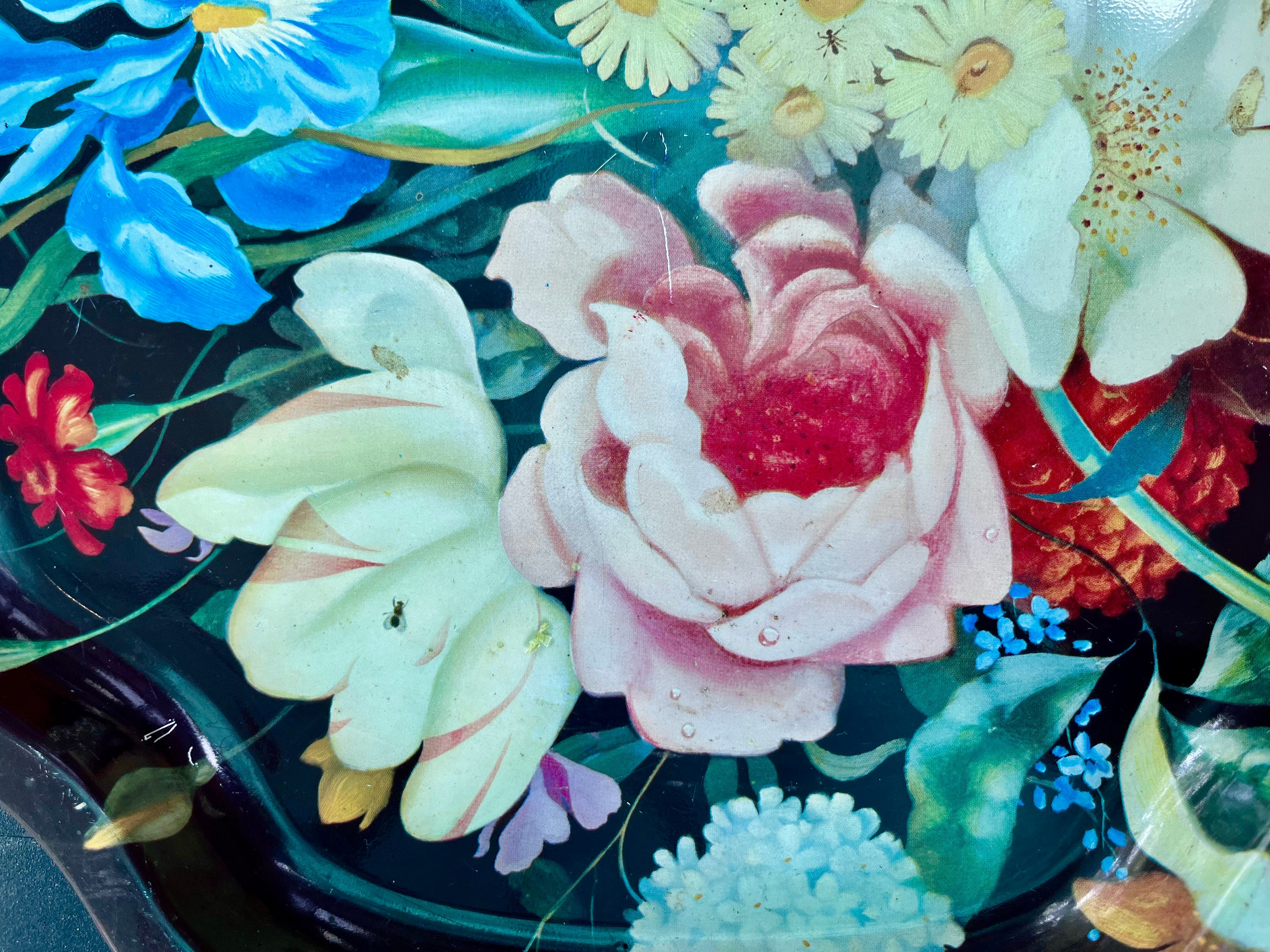 Vintage Metal Serving Tray With Still Life/ Vanitas of Flowers, Fruit ...
