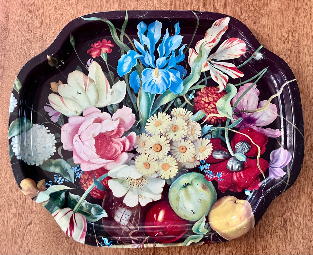 Vintage Metal Serving Tray With Still Life/ Vanitas of Flowers, Fruit ...