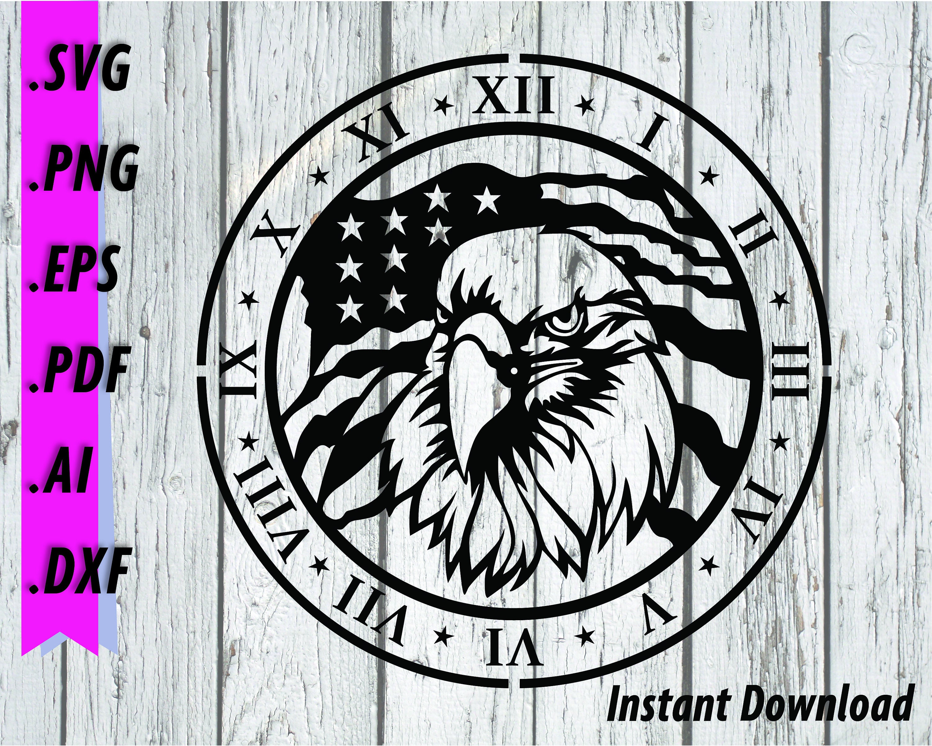 Eagle Clock SVG DXF Bald Eagle With Flag in Background | Etsy