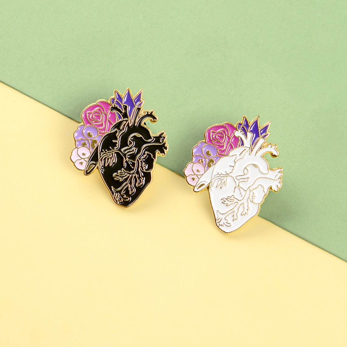 Pretty Heart Cardiac Enamel Pin With Purple Pink Flowers in | Etsy