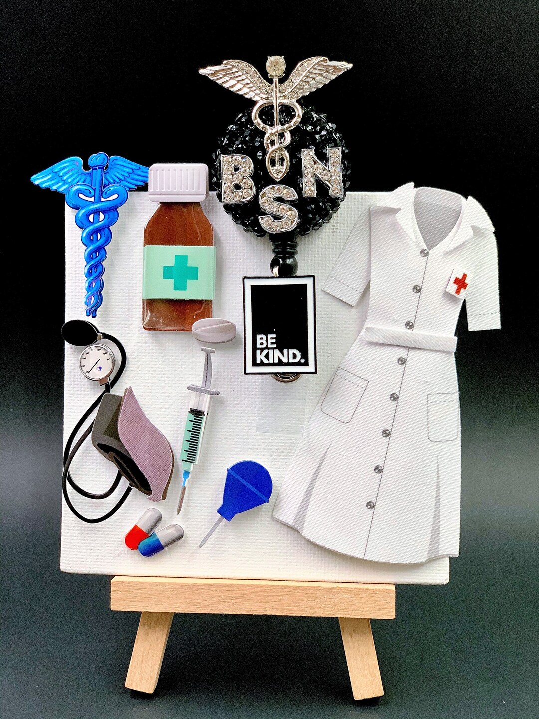 BSN Silver Caduceus Badge Reel With Detachable Black Be Kind Enamel Pin ...