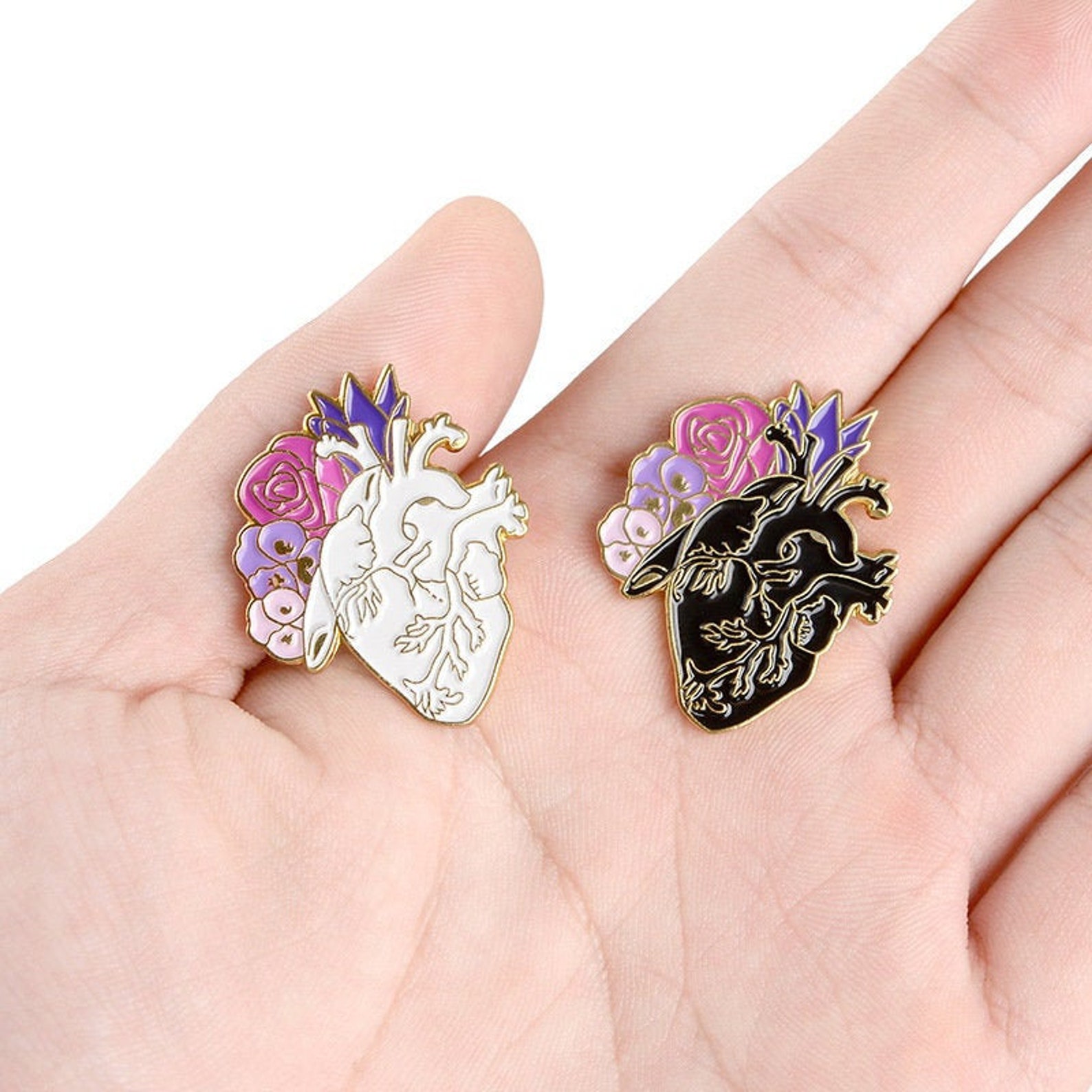 Pretty Heart Cardiac Enamel Pin With Purple Pink Flowers in | Etsy