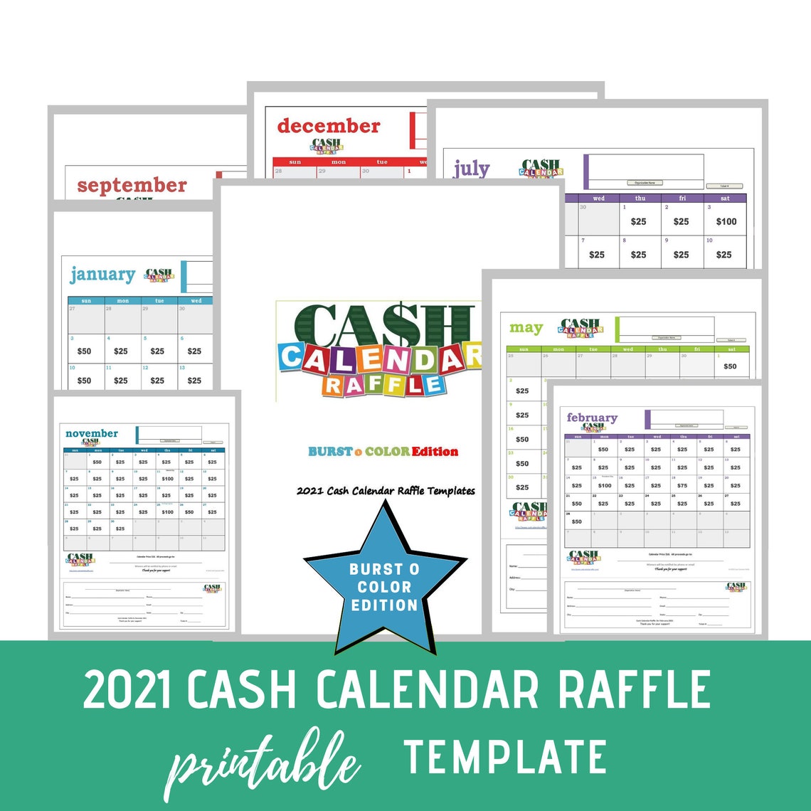 Cash Calendar Raffle Template 2021 Burst O Color | Etsy