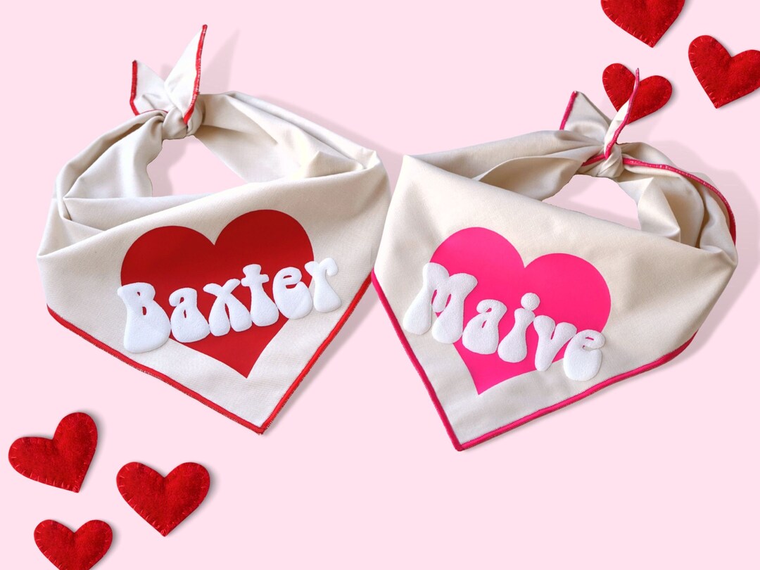 Personalized Puff Vinyl Heart Dog Bandana, Custom Pink and Red Heart ...
