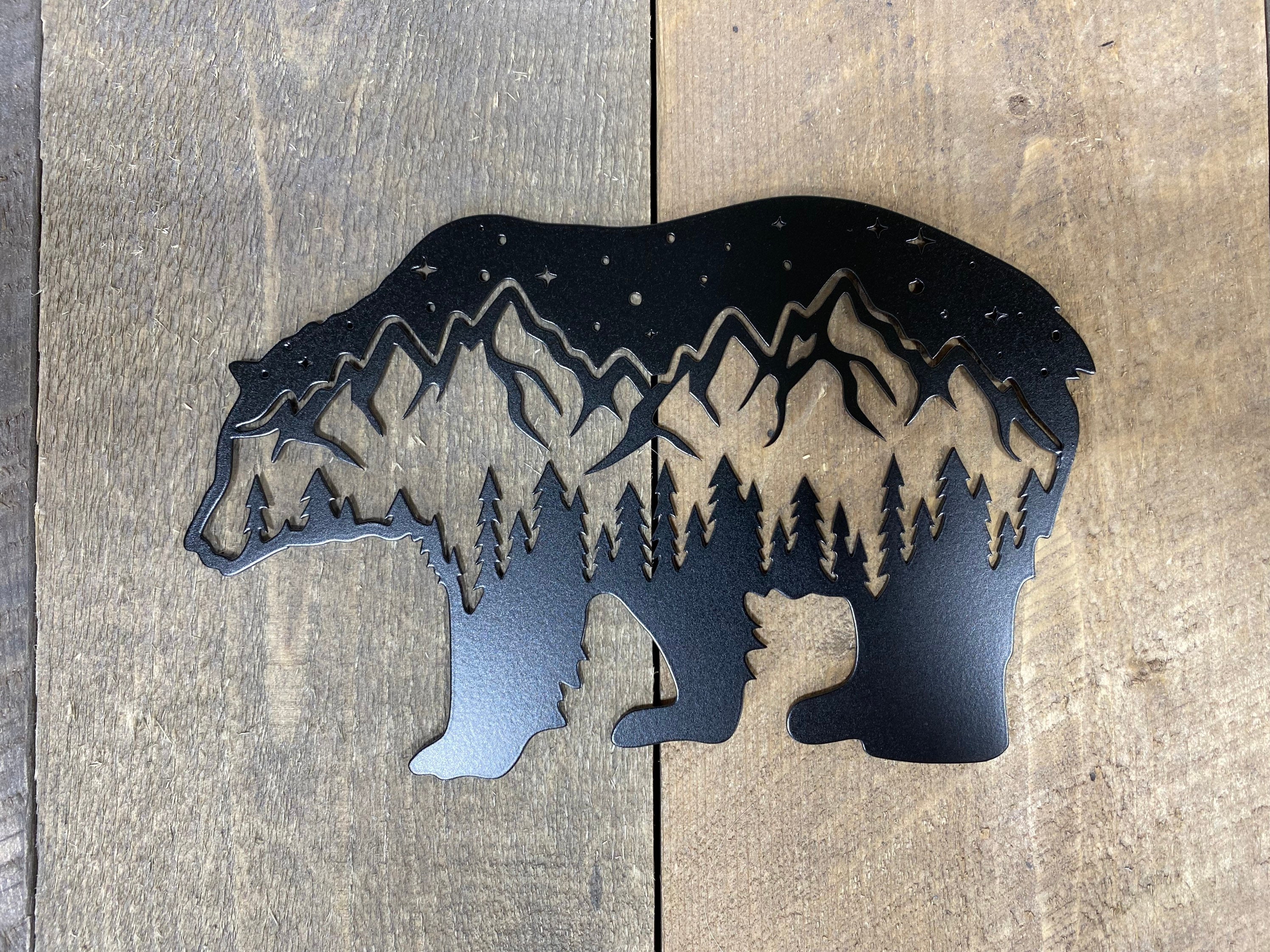 Bear With Mountains and Trees Metal Decor, Cabin Accent, Rustic Metal ...