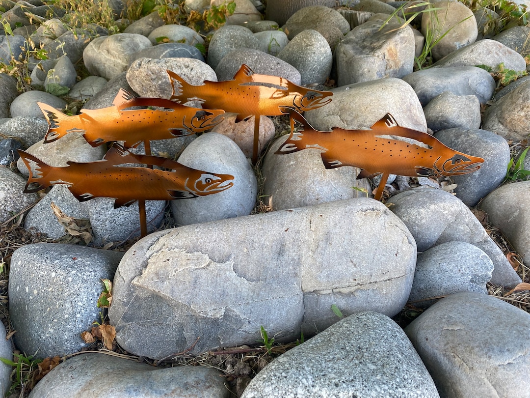 Salmon Rock Bed Decor, Metal Salmon Metal Art, River Rock Salmon Decor ...