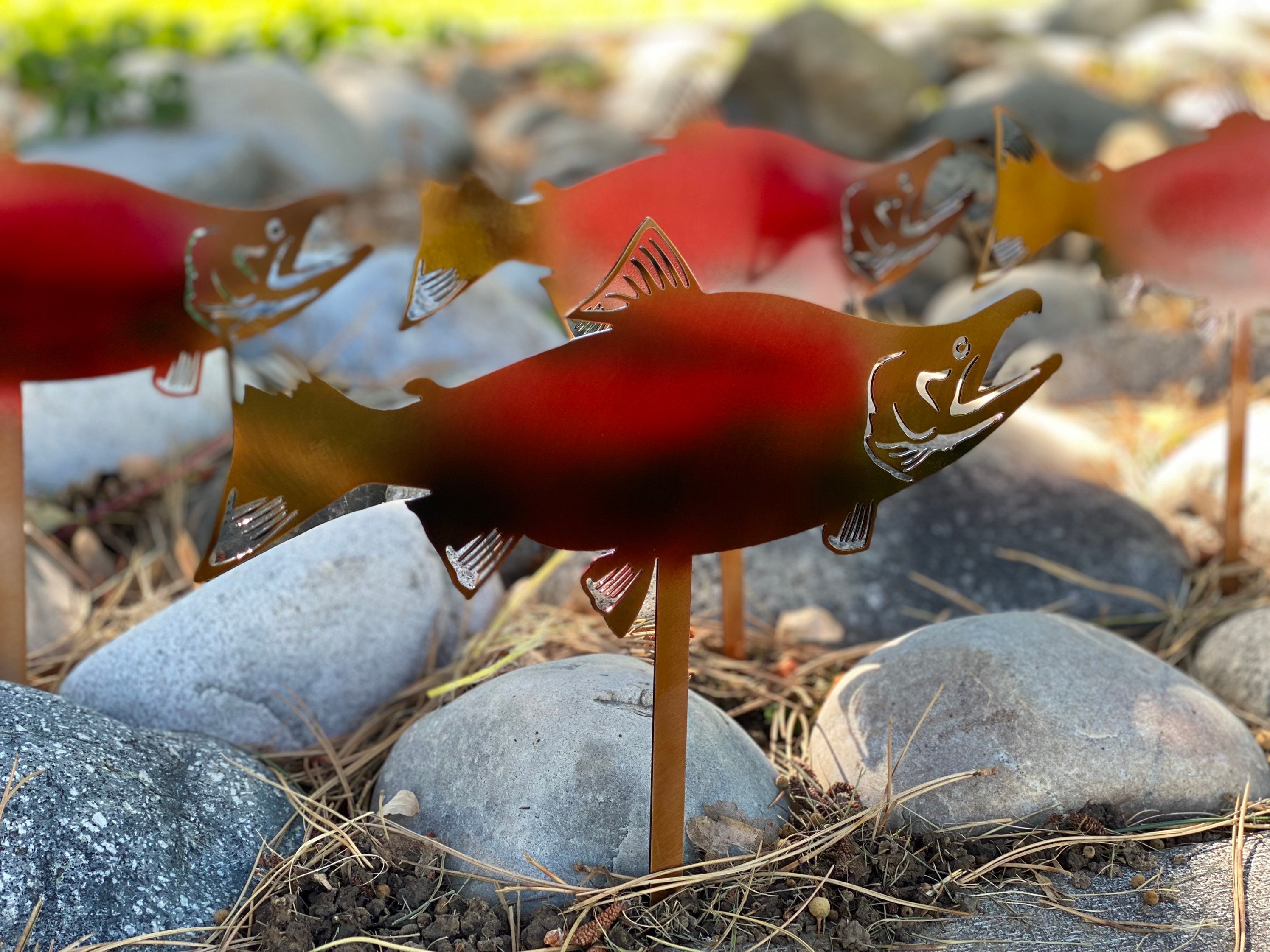 Sockeye Salmon Rock Bed Decor Set of 4 Metal Salmon Metal Art, River ...